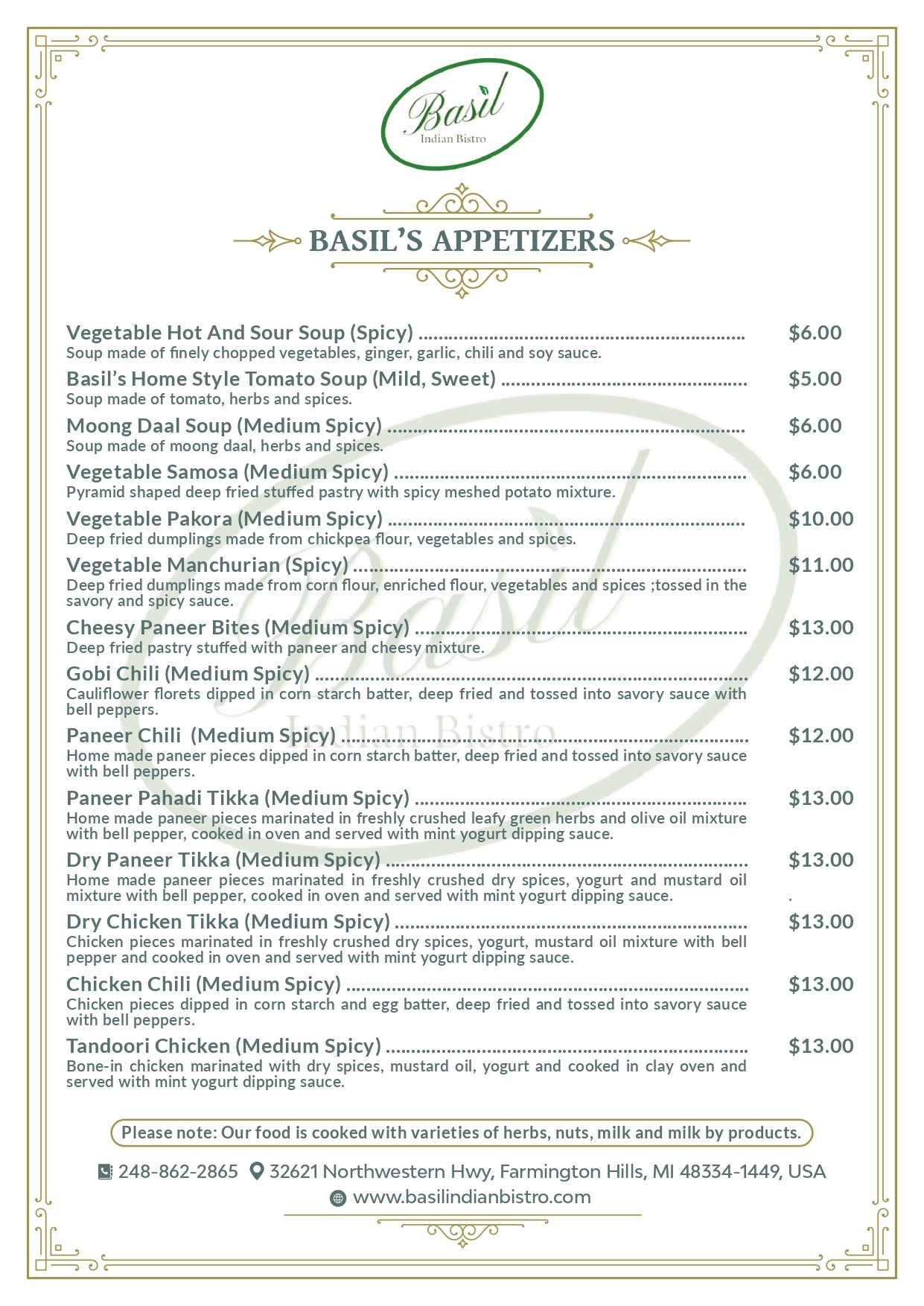 Basil Menu | Basil Indian Bistro