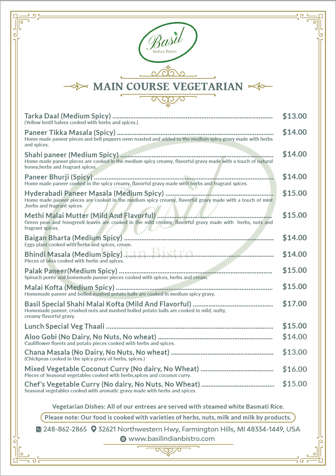 Basil Menu | Basil Indian Bistro